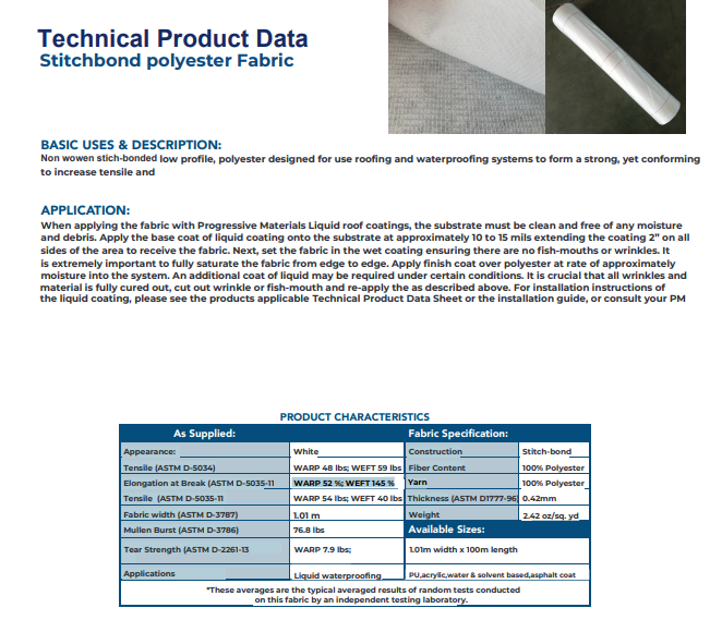 Stitch bond Polyester Fabric for Waterproofing Application